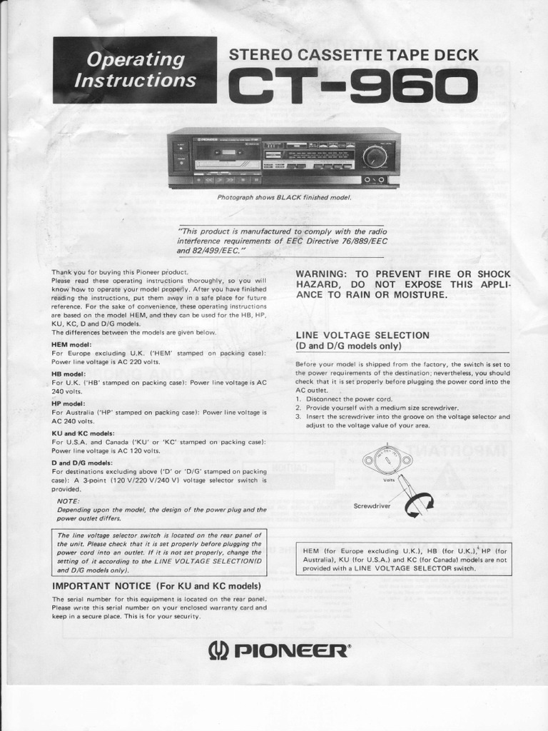 Pioneer CT 960 Owners Manual | PDF