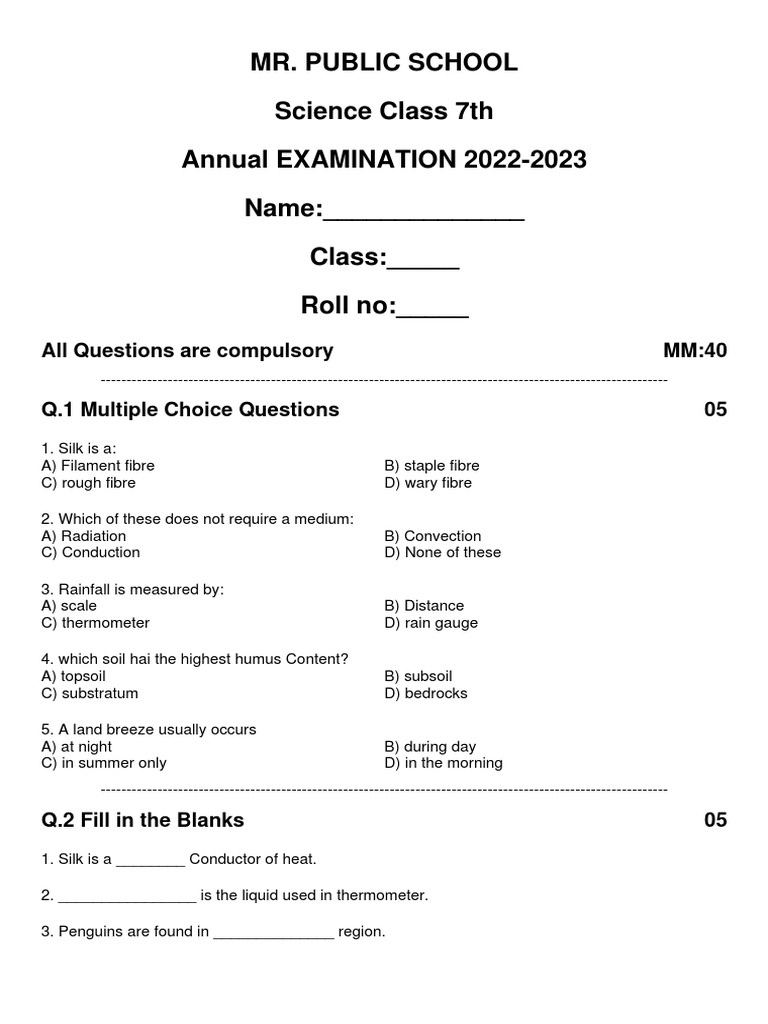 Science Class 7th Annual Exam | PDF | Silk | Wool