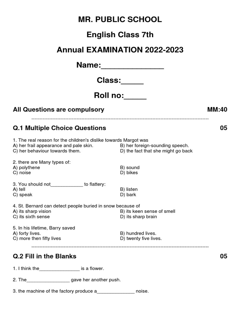 English Class 7th Annual Exam | PDF | English Language | Morphology
