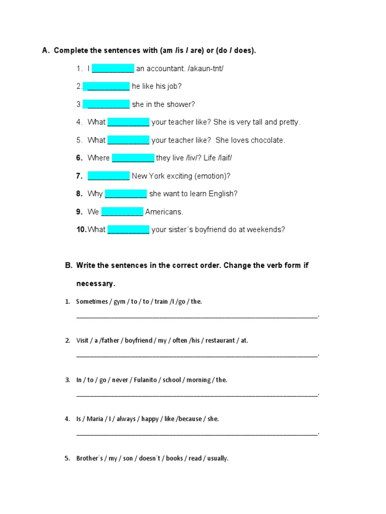 Complete sentences with verbs and write sentences in correct order | PDF