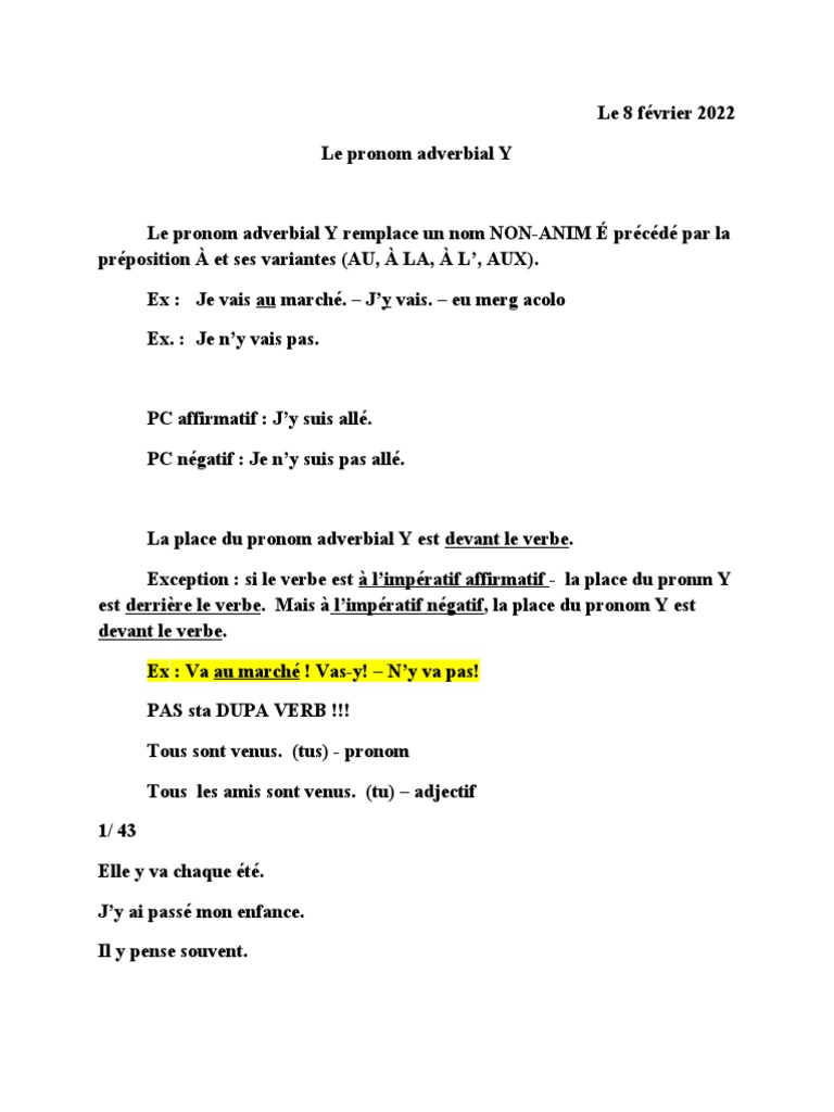 Utilisation du pronom adverbial Y | PDF