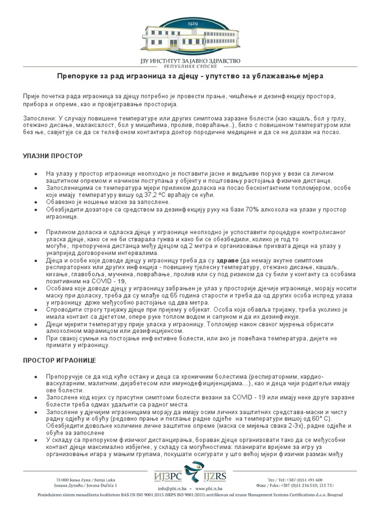 Preporuke za rad igraonica za djecu - uputstvo za ublažavanje mjera | PDF