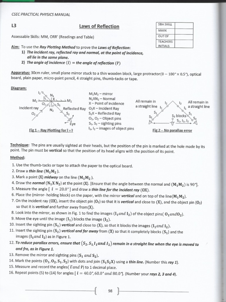 Csec Physics. Reflection and Refraction Labs | PDF