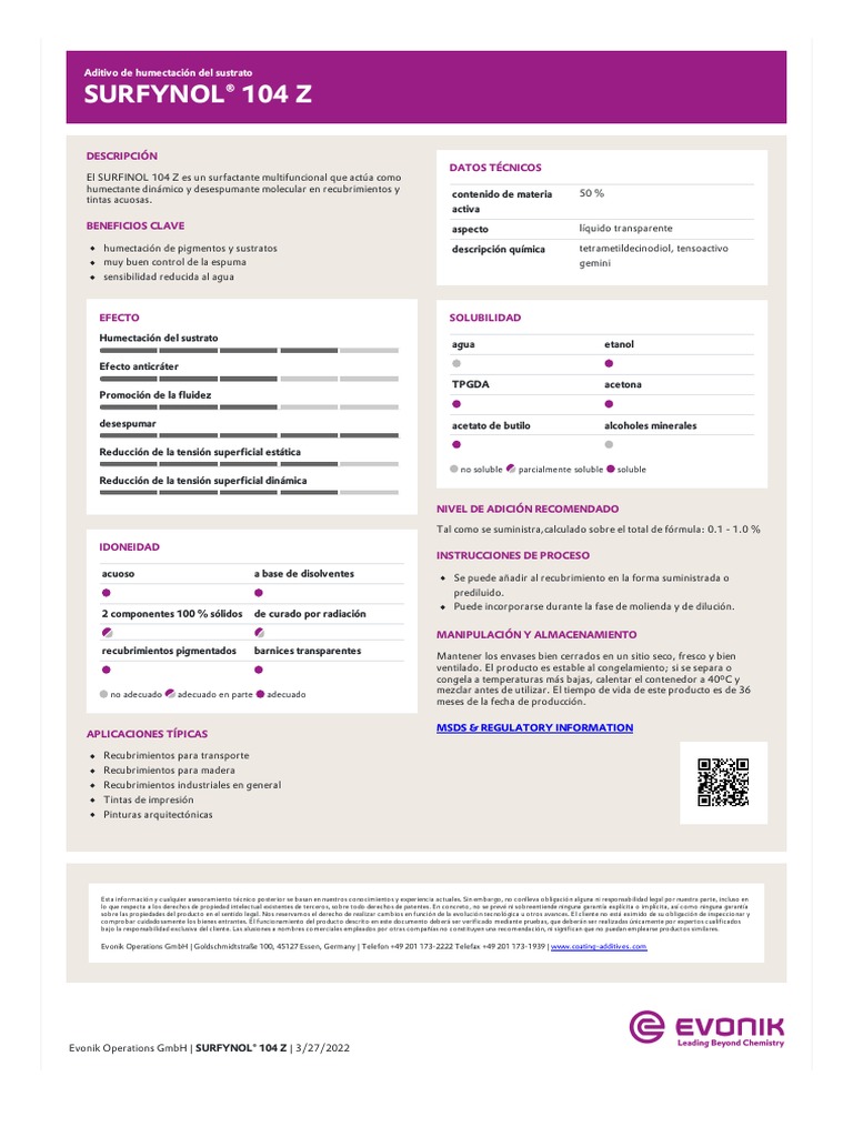 Surfynol 104 Z | PDF | Tensioactivo | Solubilidad