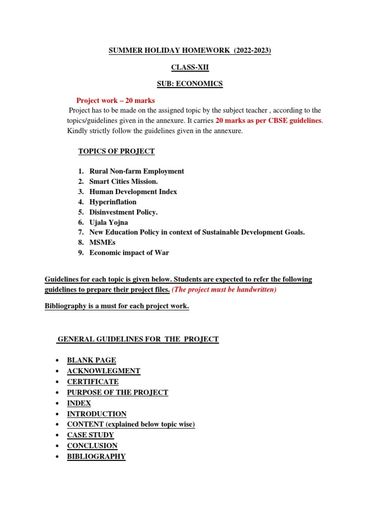 Xii - Economics - HHW - 2022-23 | PDF | Human Development Index | Economies