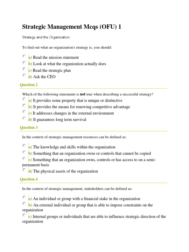 Strategic Management MCQs Guide | PDF | Strategic Management | Business ...