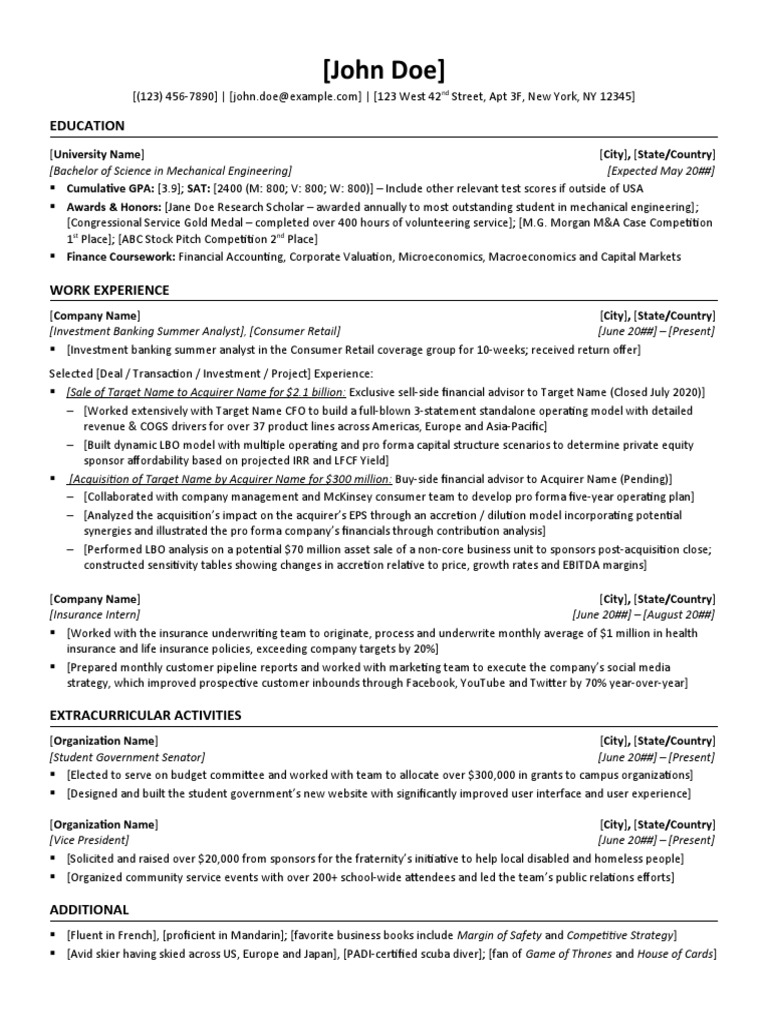 Undergraduate Investment Banking Resume Template | PDF | Investment ...