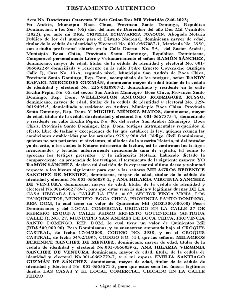 Testamento auténtico que declara la voluntad del testador Ramón Sánchez ...