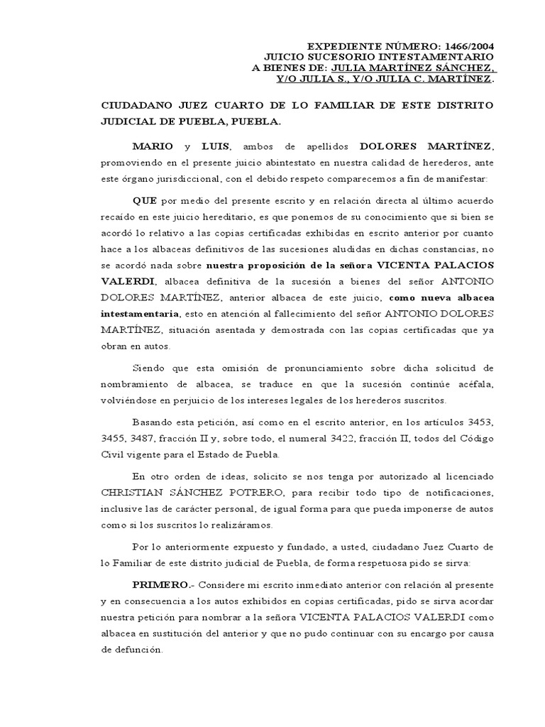Escrito para Solicitar Nuevo Albacea, Sucesorio Estado de Puebla | PDF ...