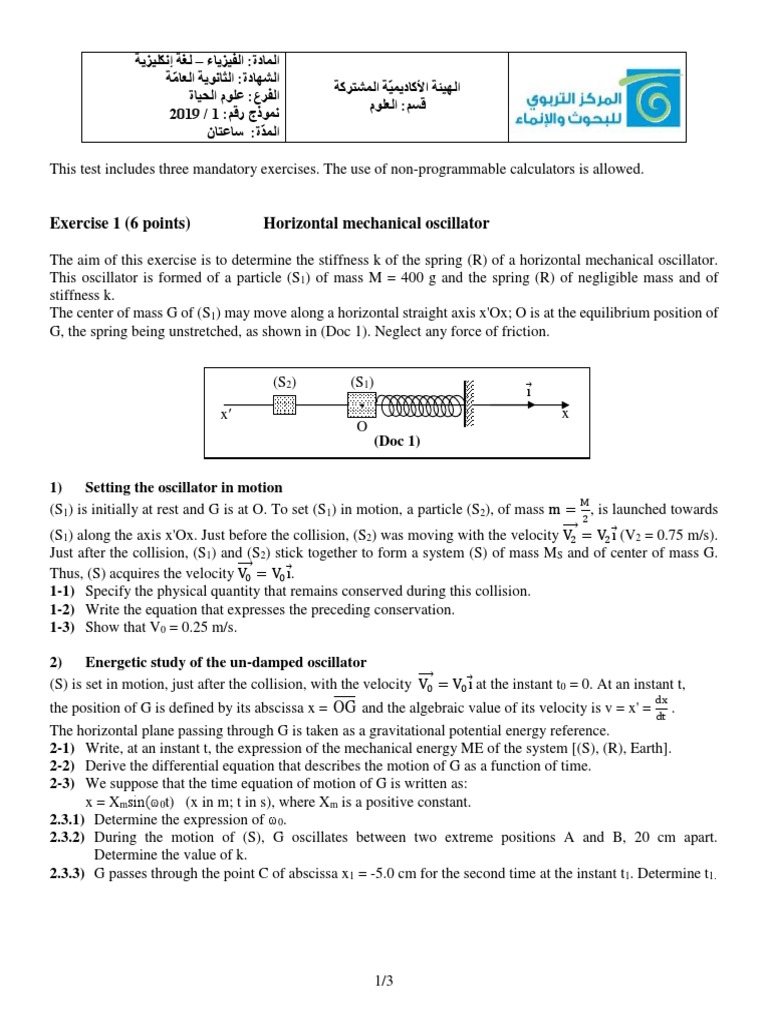 Exercise 1 (6 Points) Horizontal Mechanical Oscillator | PDF ...