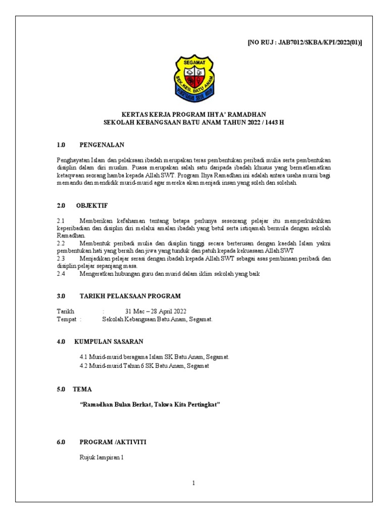 Kertas Kerja Program Ihya Ramadhan 2022 - Peruntukan | PDF