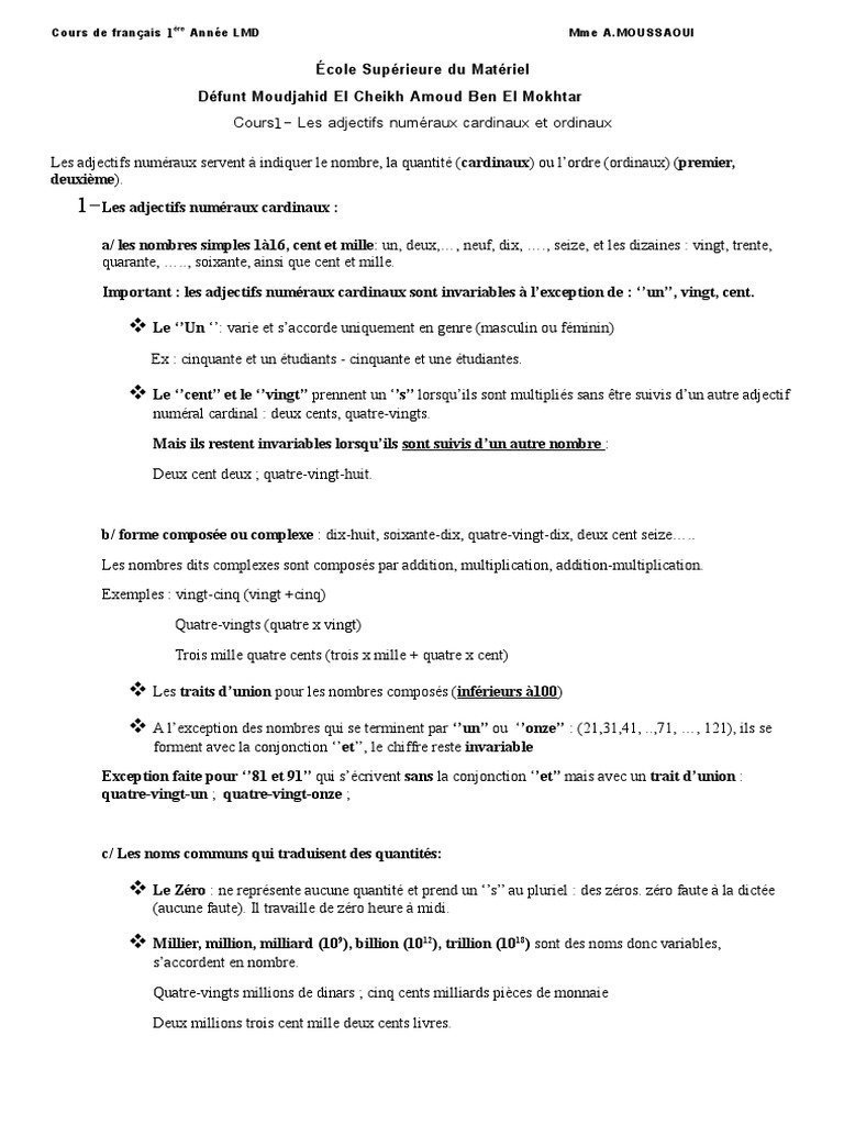 Cours1 Les Adjectifs Numéraux Ordinaux Et Cardinaux | PDF | Grammaire ...