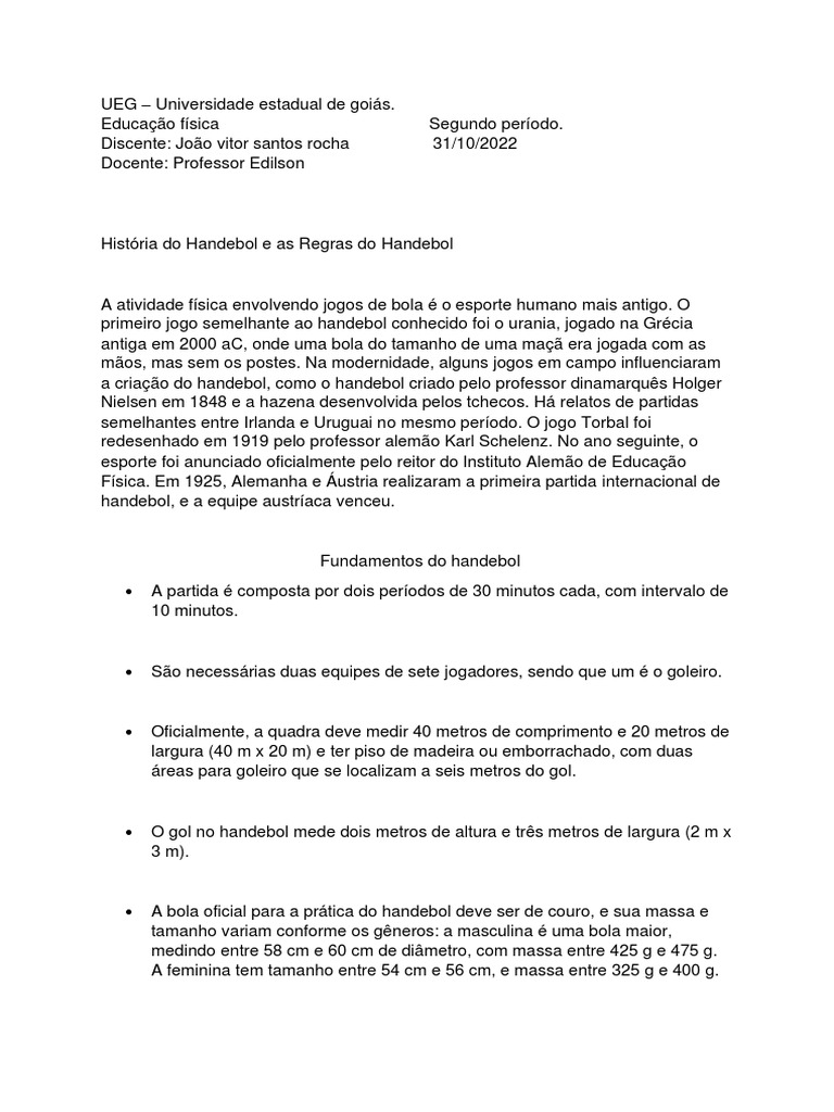 Historia e Regras Do Handebol | PDF | Esportes