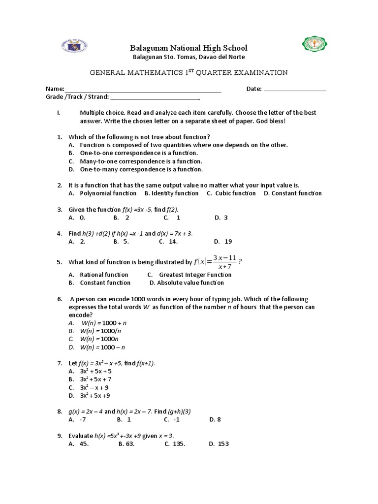 Gen Math Summative 1 | PDF | Function (Mathematics) | Algebra
