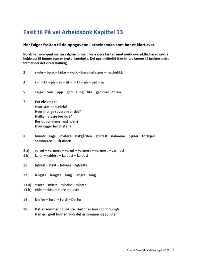 Fasit Til P Vei Arbeidsbok Kapittel 13 | PDF