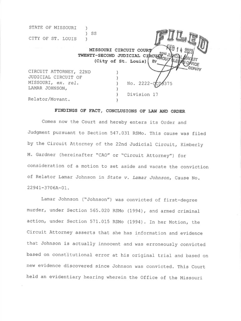 Judge's Order in Lamar Johnson Case | PDF Judge's Order in Lamar Johnson Case | PDF