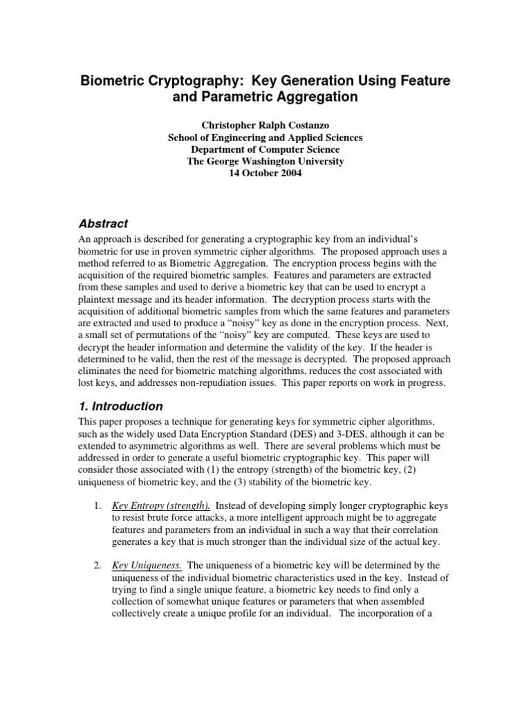 Biometric Cryptography: Key Generation Using Feature and Parametric ...