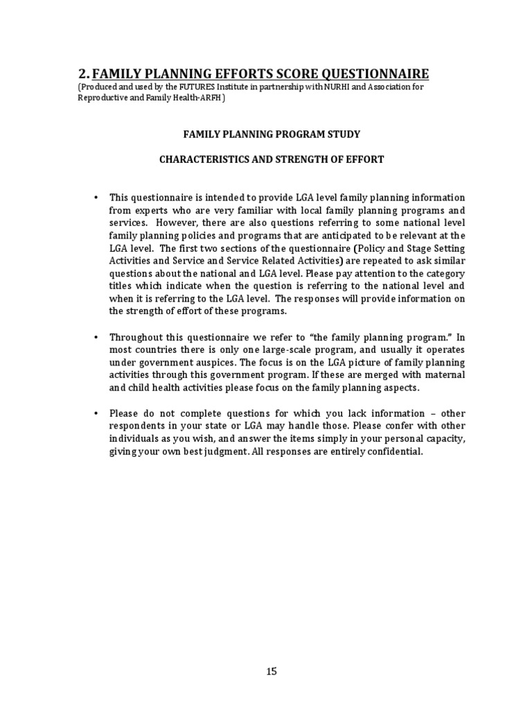 Family Planning Efforts Score Questionnaire | PDF | Family Planning ...