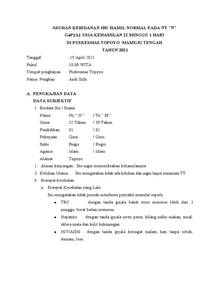 Asuhan Kebidanan Ibu Hamil Normal Pada Ny "N" G4P2A1 Usia Kehamilan 22 ...