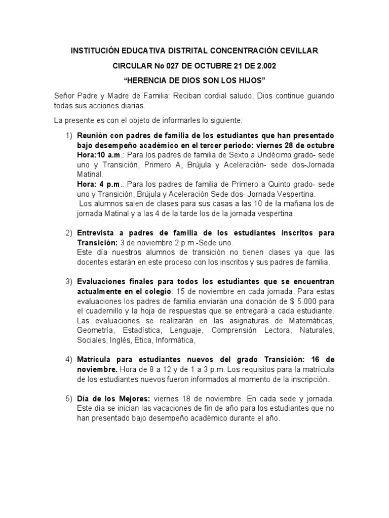 CIRCULAR No 027 DE OCTUBRE 21 DE 2.022-PADRES DE FAMILIA... | PDF ... CIRCULAR No 027 DE OCTUBRE 21 DE 2.022-PADRES DE FAMILIA... | PDF ...