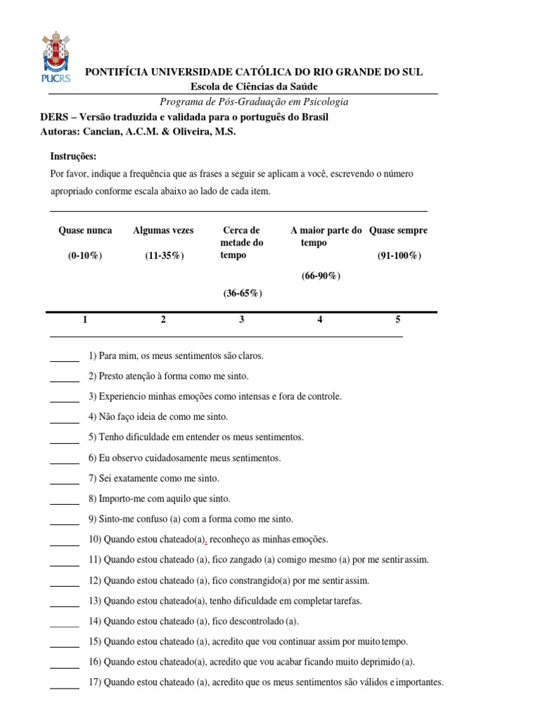 DERS - Escala de Dificuldades Com Regulação Emocional - Completa | PDF ...
