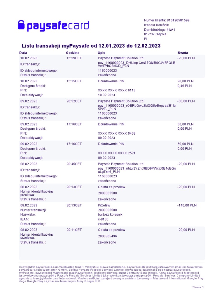 Paysafecard Account Transactions | PDF