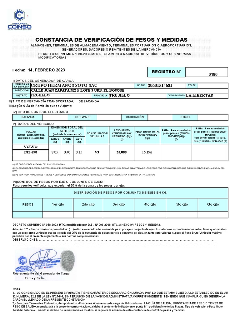 Hoja de Pesos y Medidas Llenada | PDF | Vehículos | Vehículos terrestres