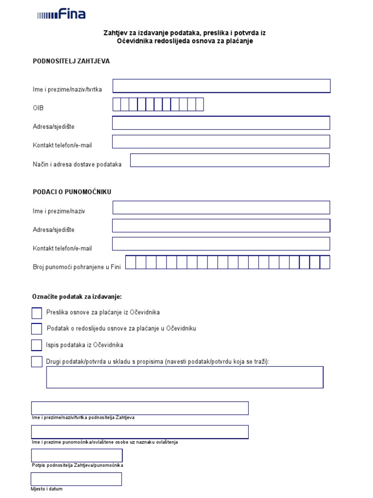 Zahtjev Za Izdavanje Podataka, Preslika I Potvrda Iz Očevidnika ...