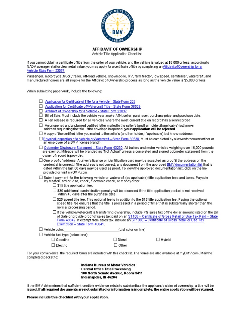 Indiana Vehicle Ownership Affidavit Guide | PDF | Credit Card ...