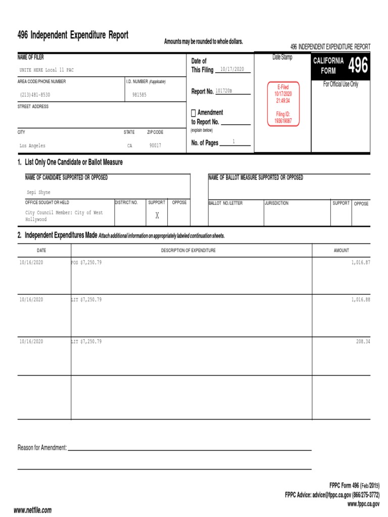 Independent Expenditure Report Form 496 | PDF | Elections