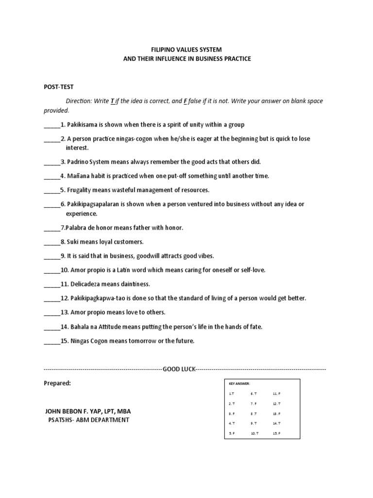 Filipino Values Quiz and Answer Key | PDF | Value (Ethics) | Social ...