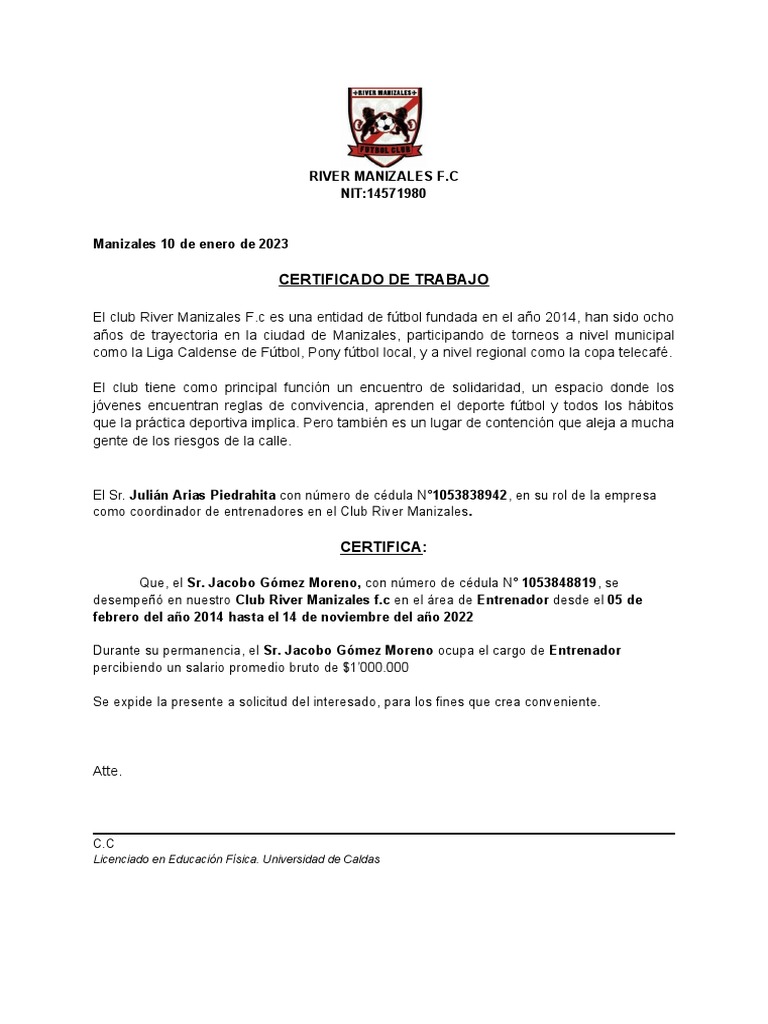 Certificado de Trabajo para Nuevo Empleo | PDF