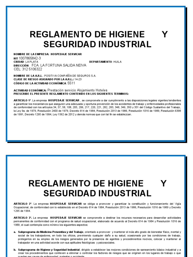 Reglamento de Higiene y Seguridad | PDF | Seguridad y salud ocupacional ...