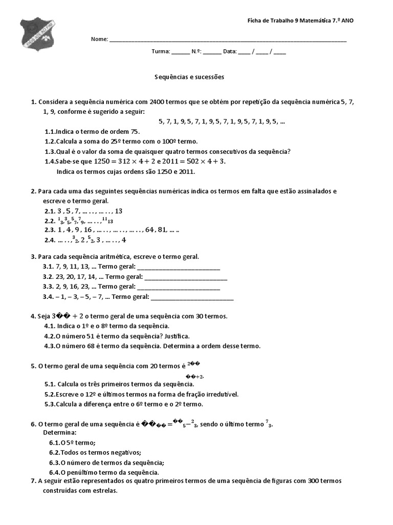 Ficha de Trabalho 9 sobre Sequências e Sucessões para o 7o Ano de Matemática | PDF | Sequência ...
