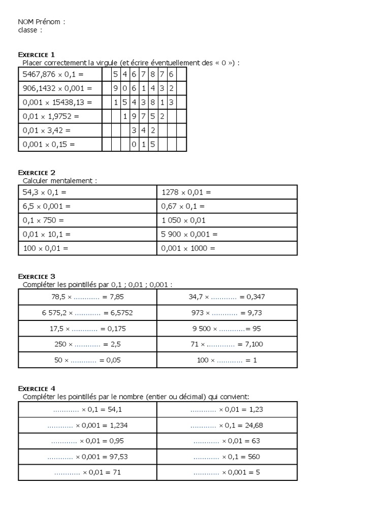 6º Exercices Multiplier Par Un Dixième Par Un Centième Etc | PDF