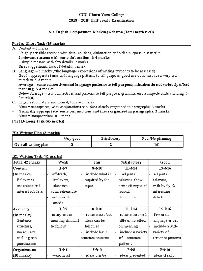 CCC Chuen Yuen College 2018-2019 Half-yearly Examination Marking Scheme ...