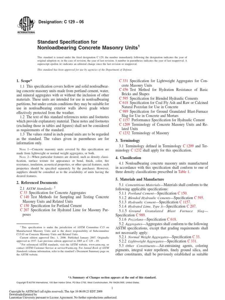 Nonloadbearing Concrete Masonry Units: Standard Specification For | PDF ...