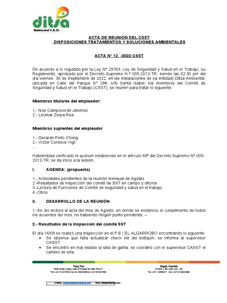 Acta de Reunión Del Comite de SST Noviembre 2022 | PDF | Gobierno