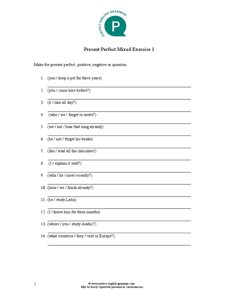 Present Perfect Form Mixed Exercise 1 | PDF