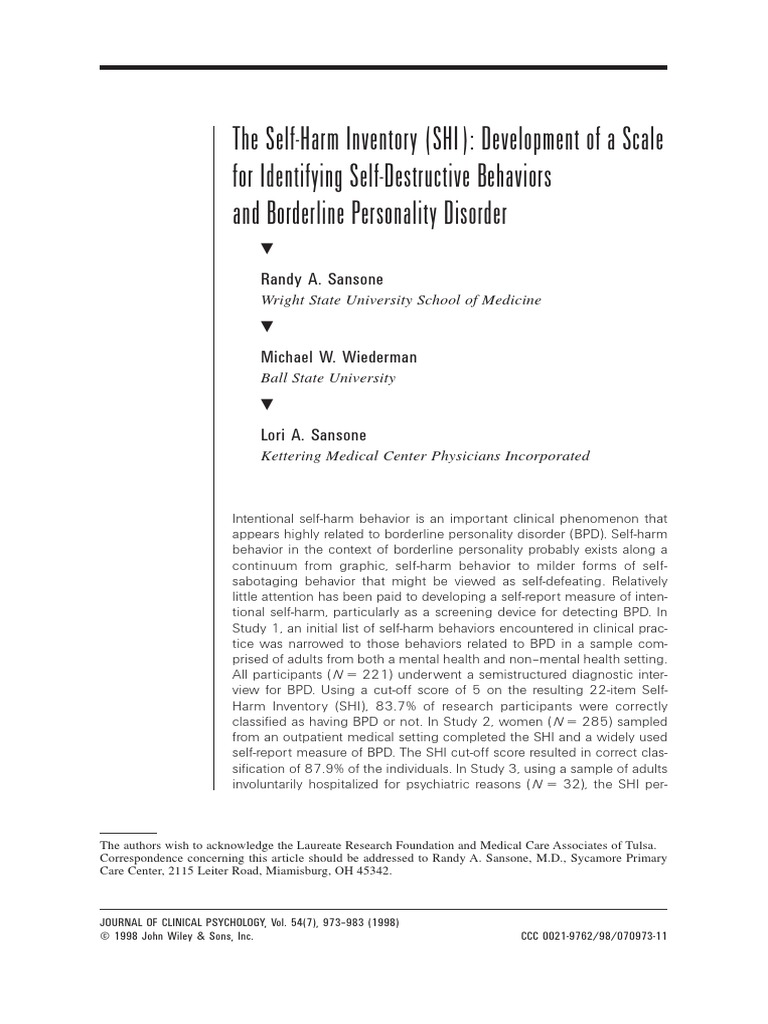 The Self-Harm Inventory (SHI) Development of A Scale For Identifying ...