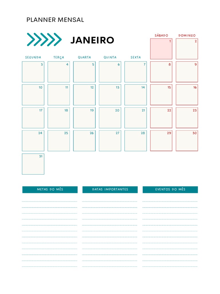 Calendário mensal com metas, datas e eventos | PDF