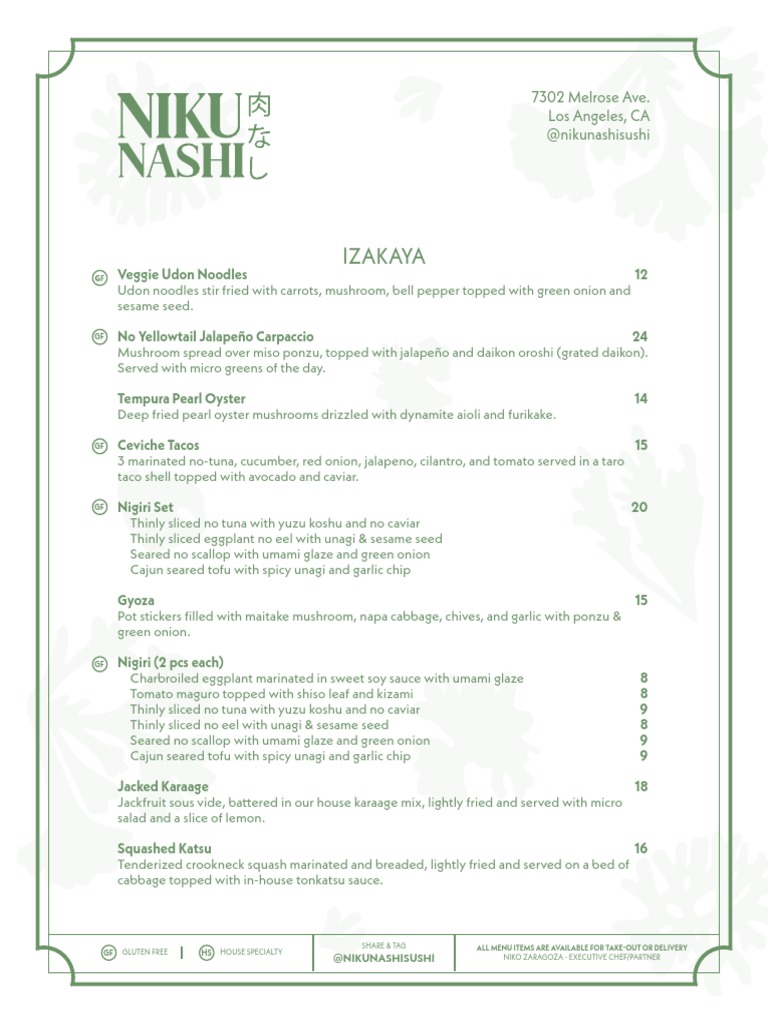 Niku Nashi Menu 2-6-22 | PDF | Sushi | Food Ingredients