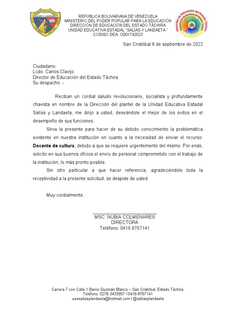 OFICIO SOLICITUD PERSONAL DOCENTE Cultura | PDF