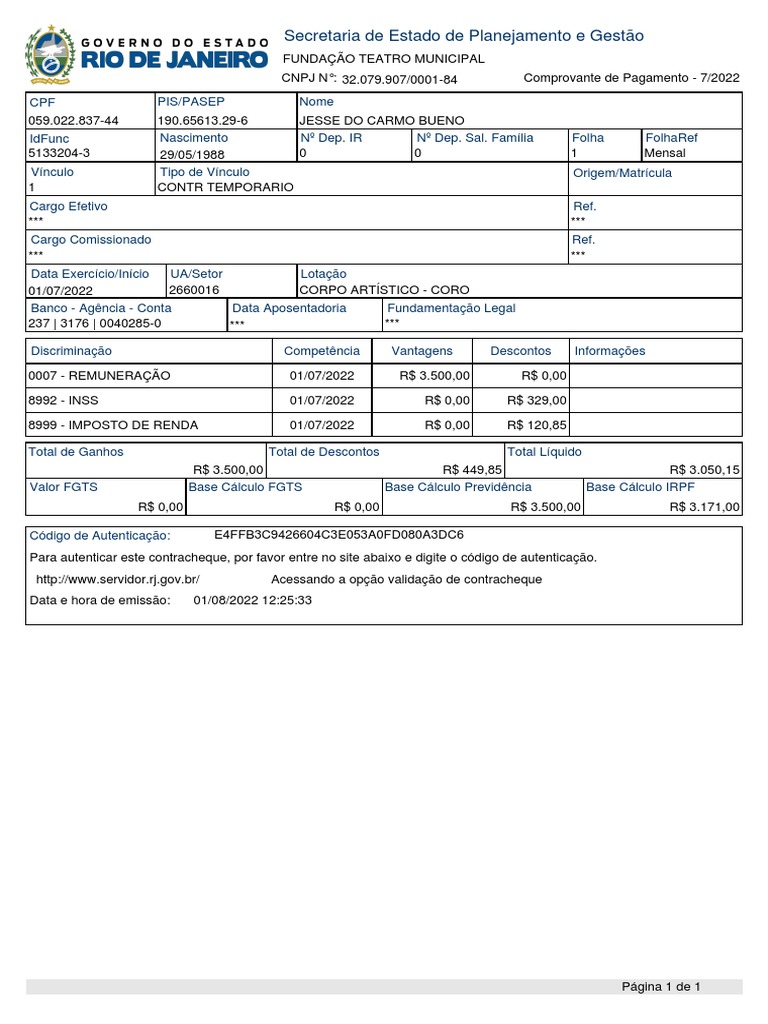 Contra Cheque Seplag | Descargar gratis PDF | Economias