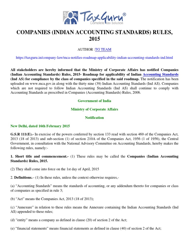 Companies (Indian Accounting Standards) Rules, 2015 - Taxguru - in | PDF