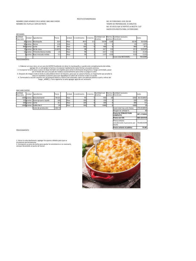Receta Estandarizada Mac and Cheese | PDF | Cocina occidental | Comida ...