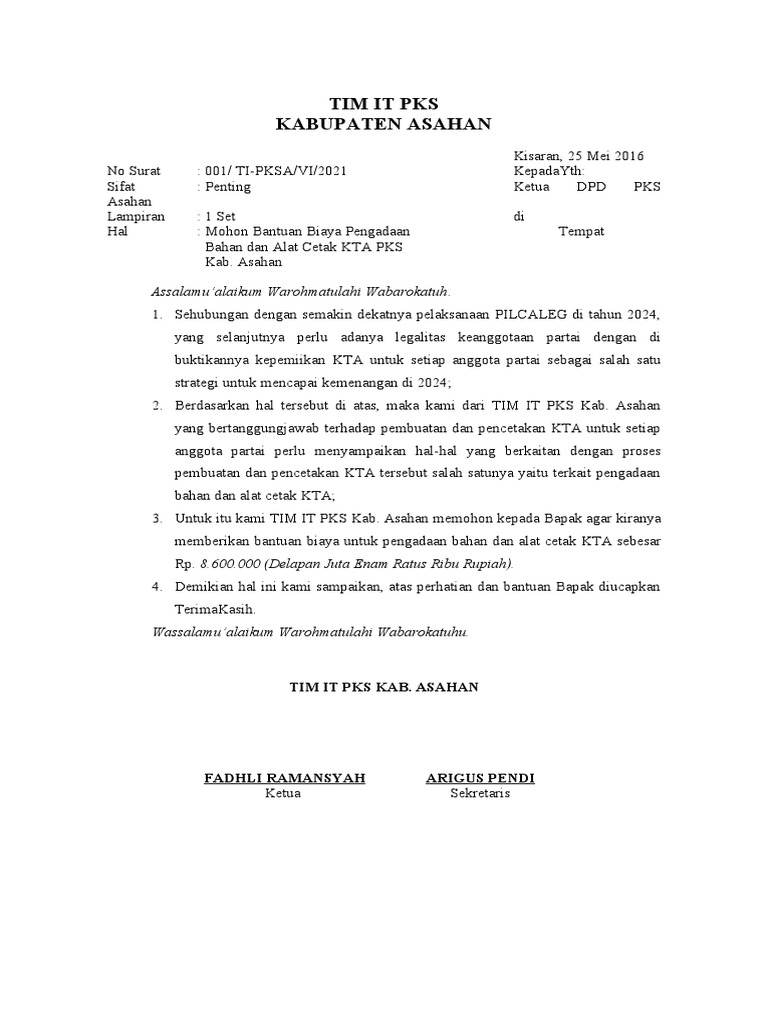 Proposal Biaya Cetak KTA PKS Asahan | PDF