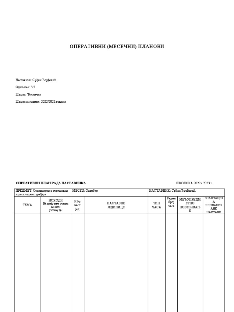 BLANKO Obrazac Za Mesečni Plan Rada Nastavnika | PDF