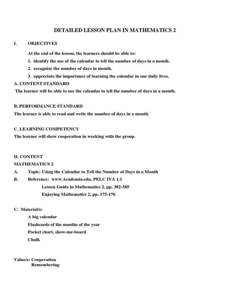 DETAILED LESSON PLAN IN Calendar | PDF | Education Theory | Pedagogy