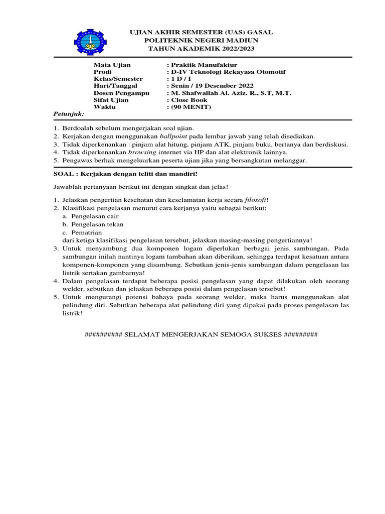 Soal UAS Praktik Manufaktur - 1D S1 2022 | PDF | Teknologi & Rekayasa